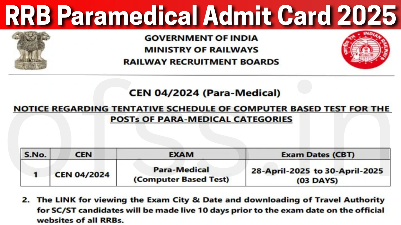 RRB Paramedical Admit Card 2025: Para Medical Exam Date Announced, Exam will start from this day ...